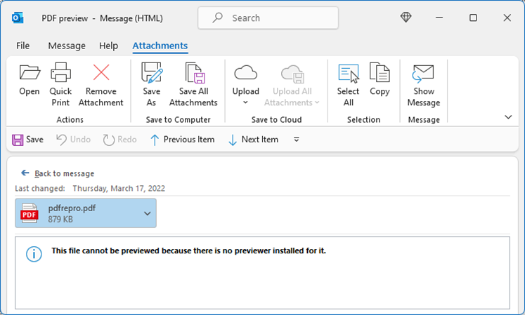 Outlook PDF preview error: This file cannot be previewed because there ...